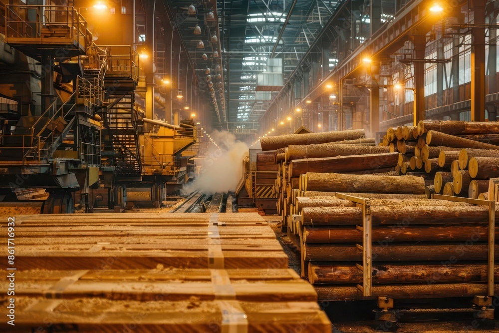 industrial sawmill interior with massive lumber processing machinery ...