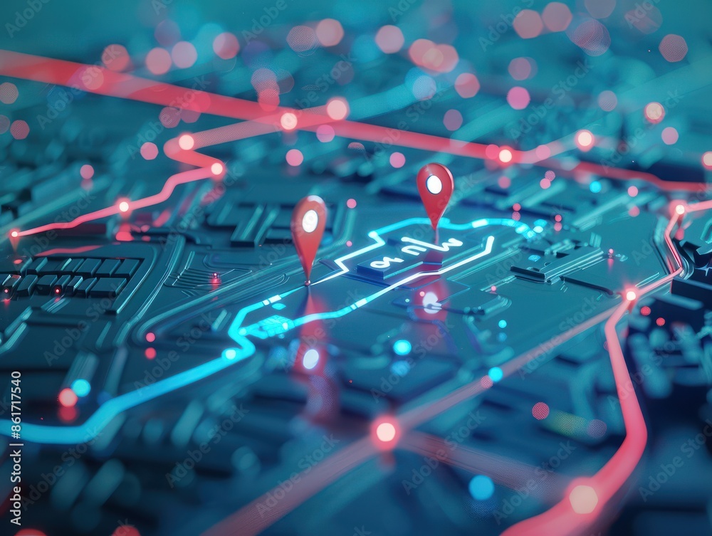 A digital map displaying a location with two pins set, representing AI technology in GPS ...