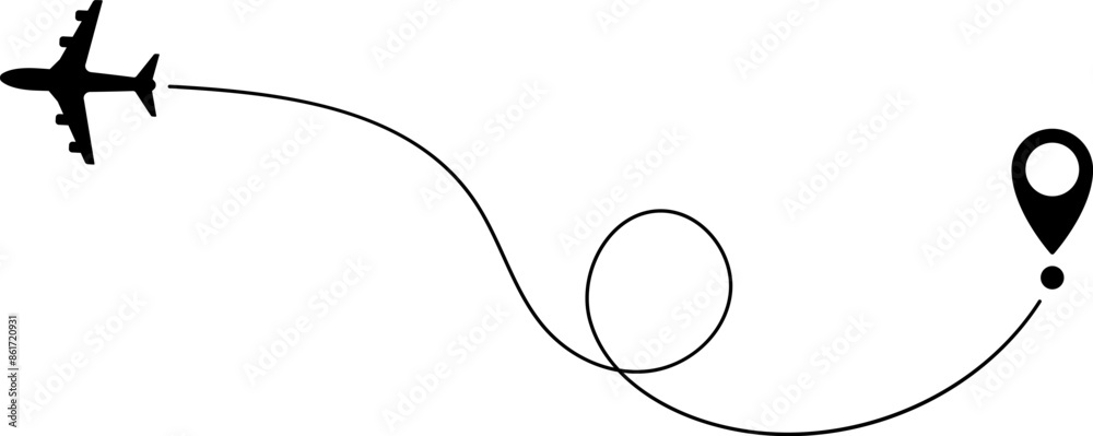 Airplane line path icon of air plane flight route with start point and ...