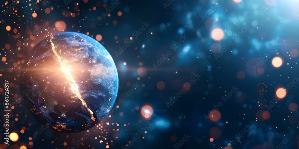 Planet Breaking Apart Glowing Image with Scattered Light and Currency ...