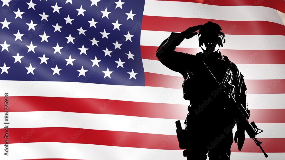 Soldier near US flag. Officer salutes. Soldier armed with machine gun ...