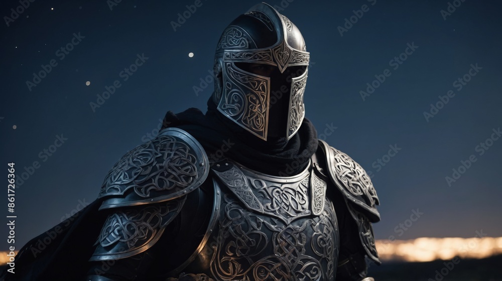 Celtic knight with matte black armor and carved details on the armor ...