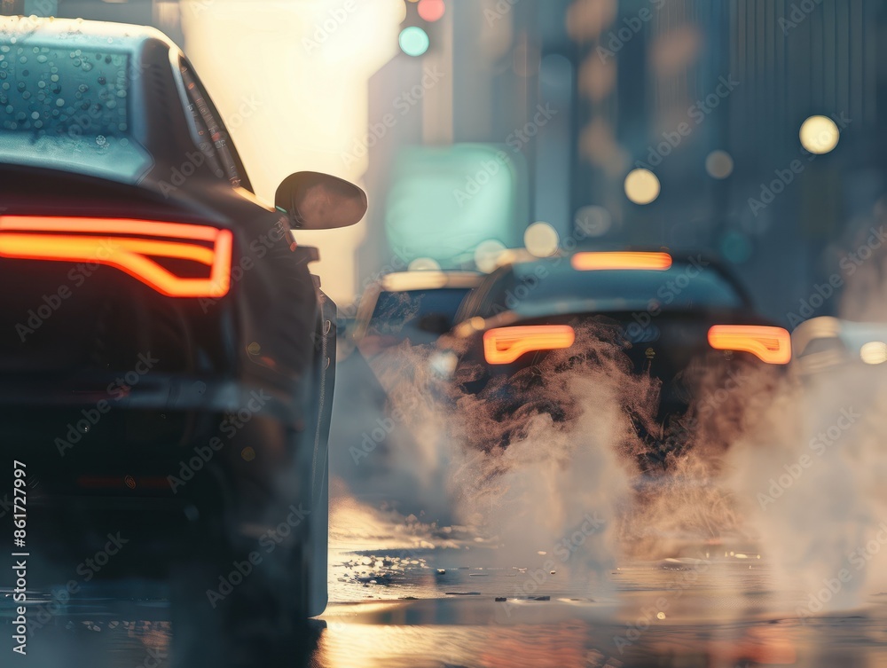 Air pollution from car exhaust smoke in city traffic, focusing on ...