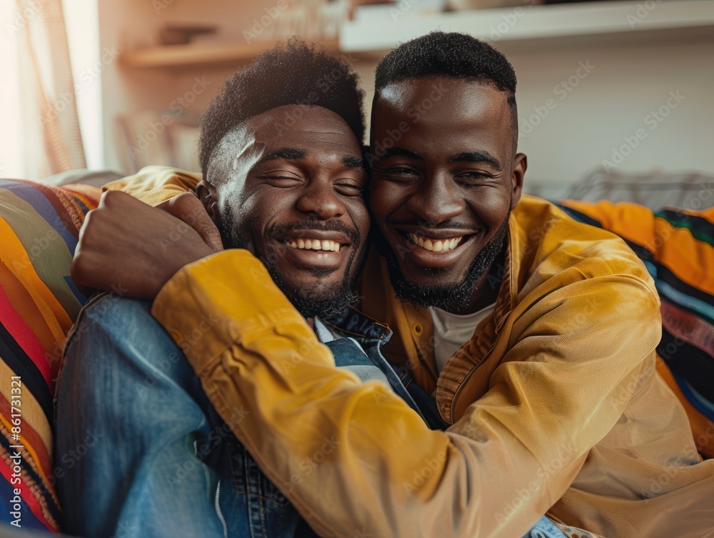 Happy gay black male couple cuddling on couch indoors. Candid african ...