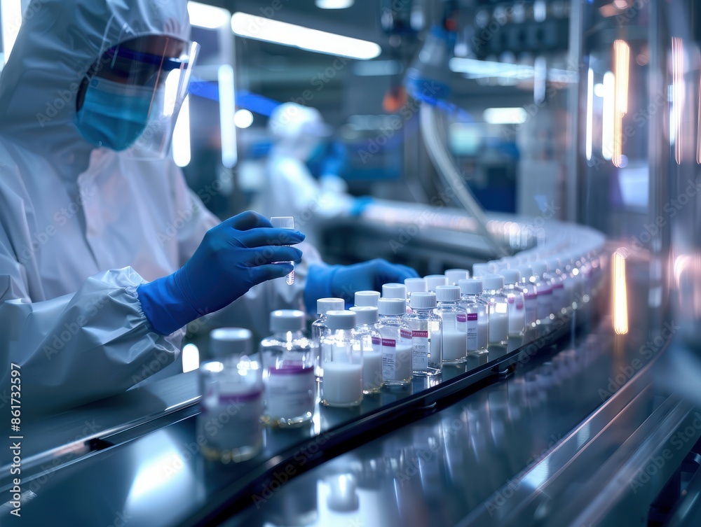 Pharmacist lab scientist in PPE safety outfit examining medical vials ...