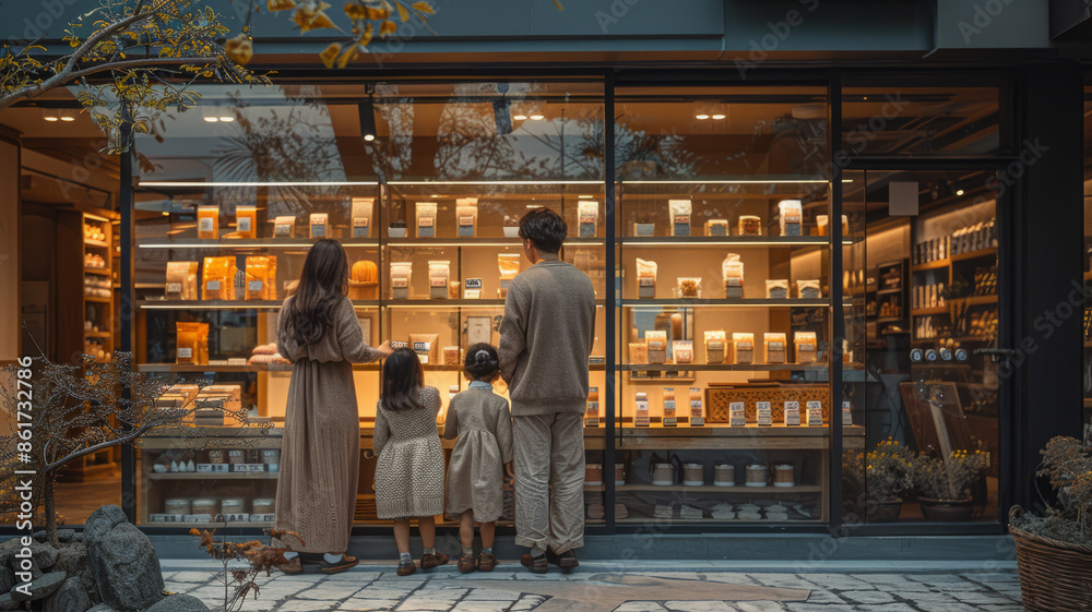 Mom, father and kid standing in a row in front of a single storefront ...