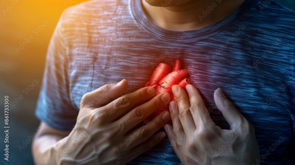 hand hold chest with heart attack symptoms, man have chest pain caused ...