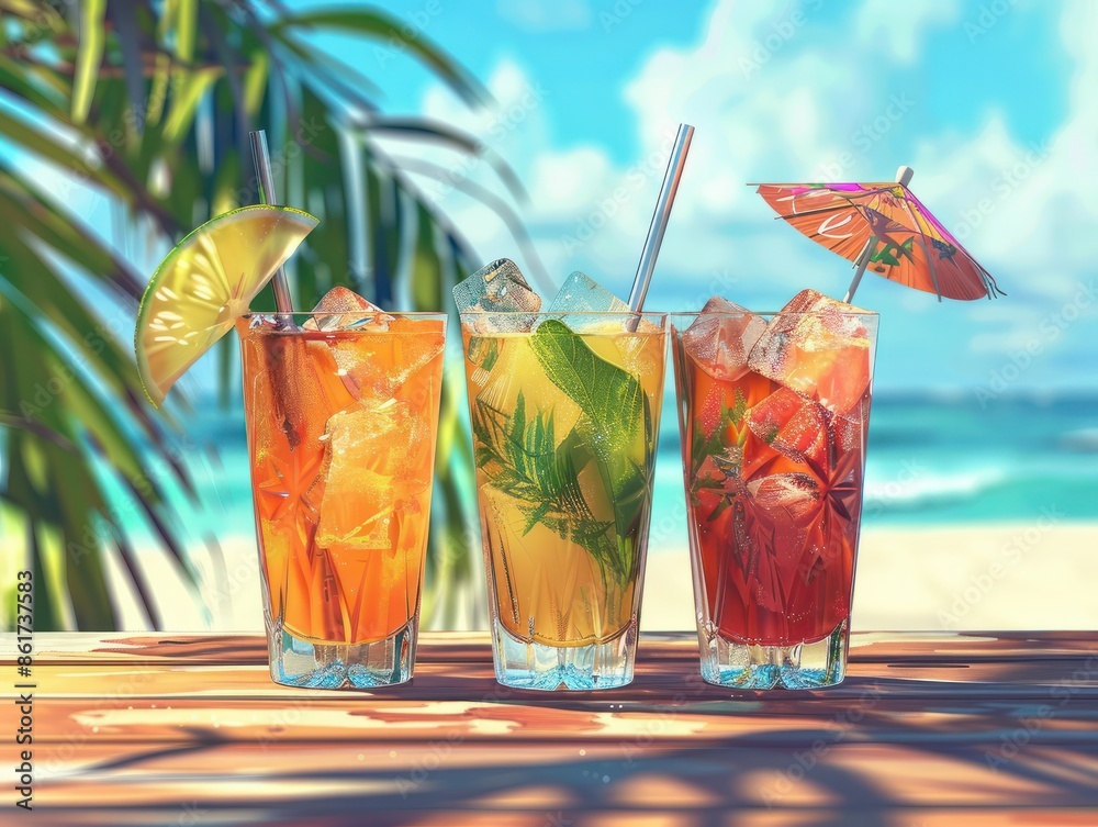 Cocktails at a beach bar at tropical resort. Summer vacation background ...