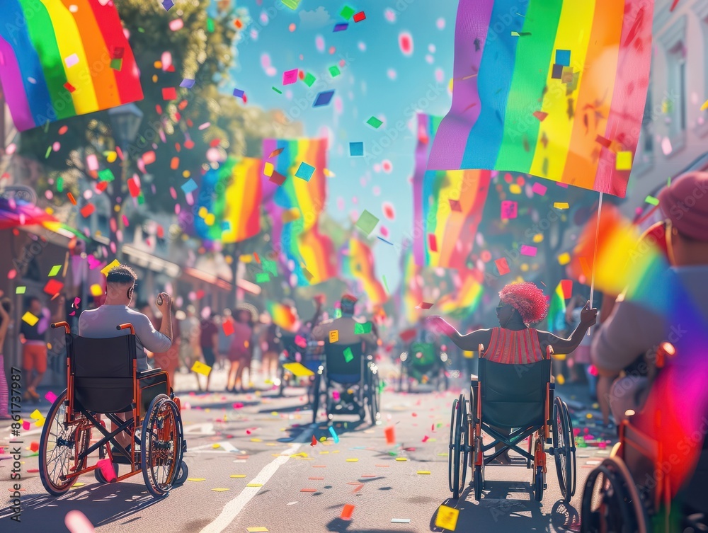 Foto de Disabled gay people in wheelchairs celebrating pride festival ...
