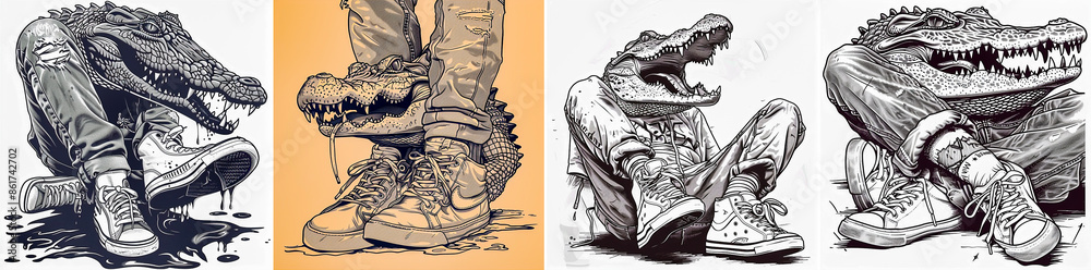 Collage, 4 photographs. Unique vector illustration with thick black ...