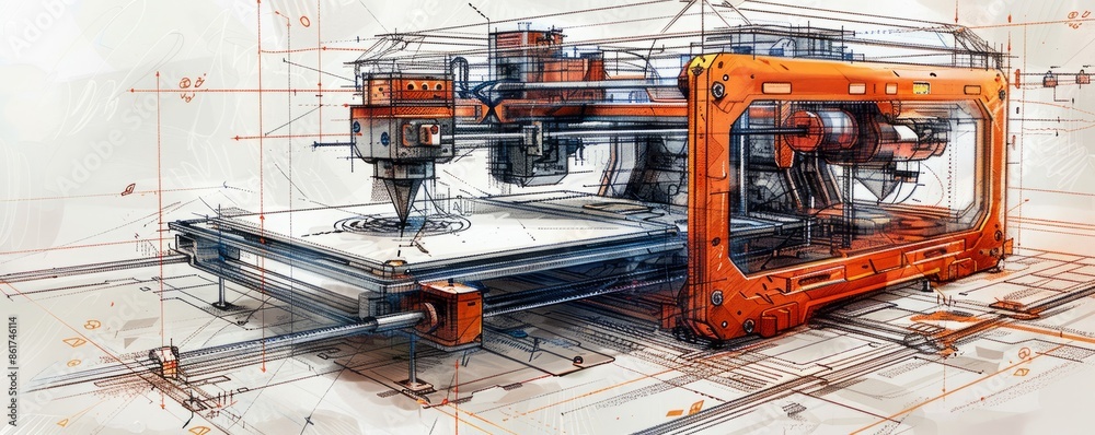 A detailed sketch of a 3D printer creating a complex object layer by ...