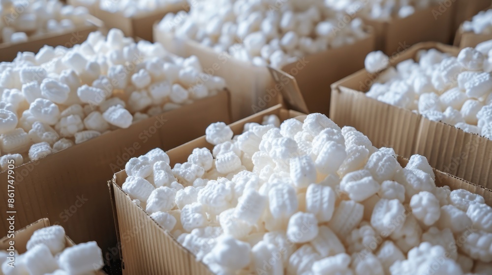 A pile of white Styrofoam packing peanuts are stacked in boxes. The ...