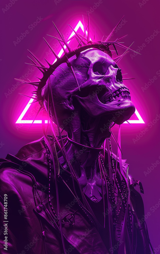 Dark synthwave wallpaper with a skeleton wearing a crown of thorns, a ...