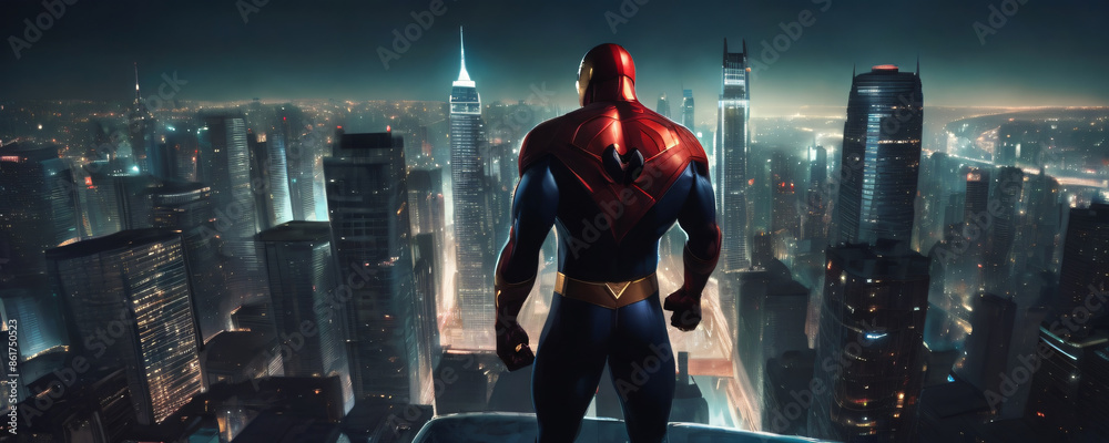 Comic superhero on top of a skyscraper roof. Extremely detailed and ...