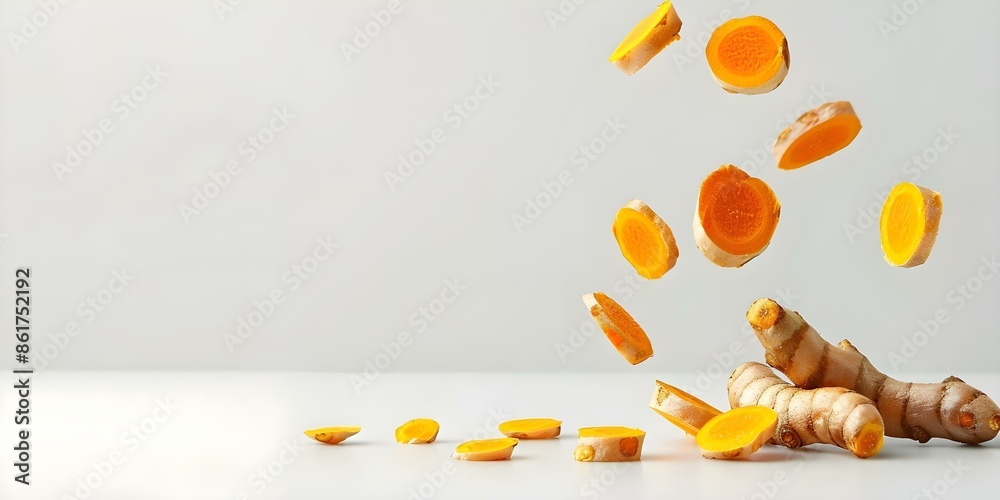 Fresh Turmeric Root Slices Falling on White Background in High ...