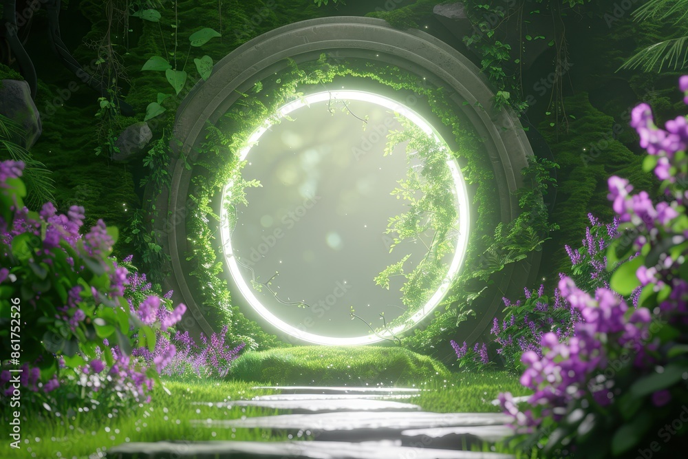 Fantasy scene featuring portal archway covered in creepers, revealing ...