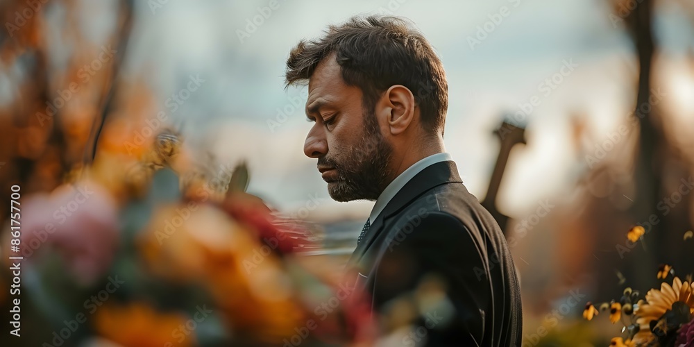 Sad man at outdoor funeral ceremony grieving by coffin. Concept Grief ...