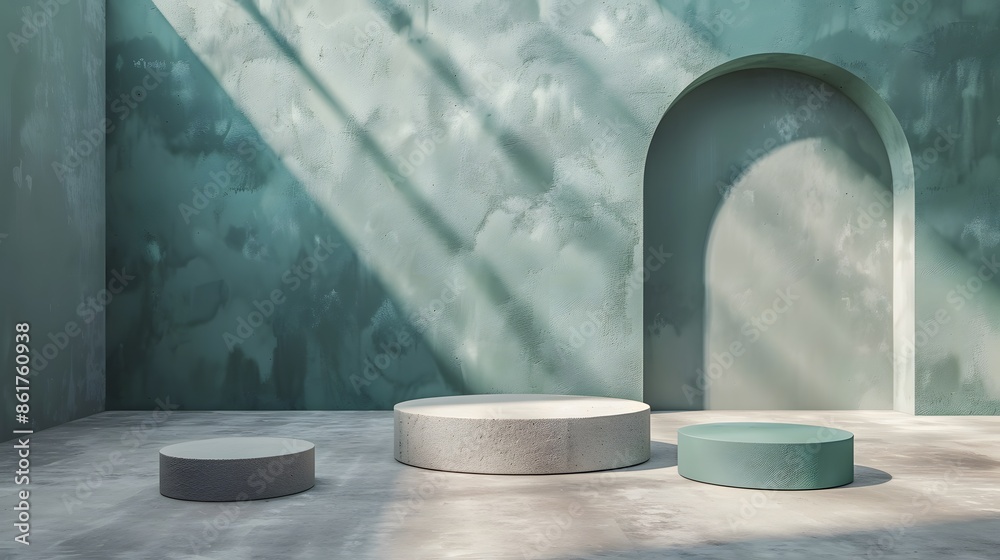 Minimalist interior with three podiums in a shaded, textured green and ...