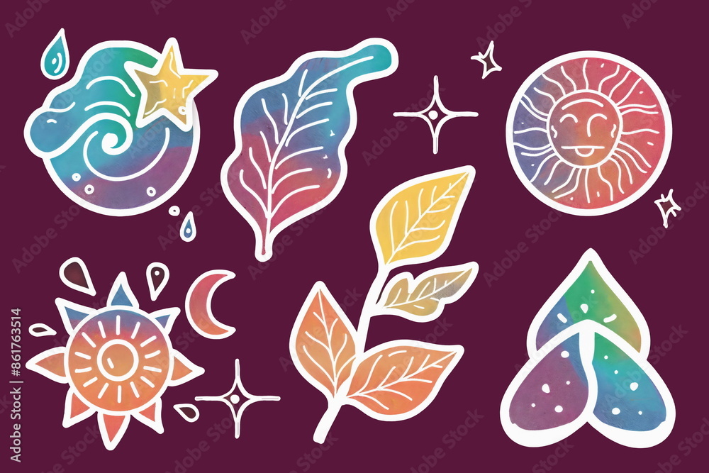 Vibrant Nature-themed Stickers Collection: Leaf, Sun, Moon, Flower ...
