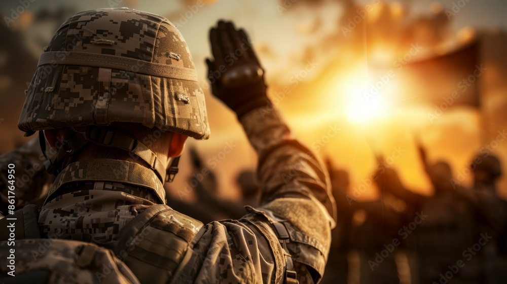 Memorial Day poster, realistic style, soldiers saluting in front of a ...