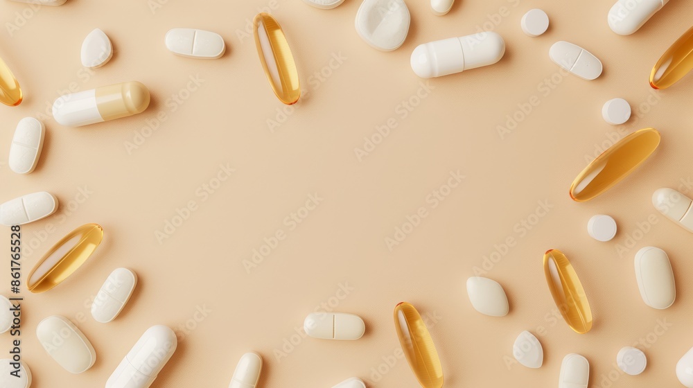 Multiple dietary supplements on a beige background with generous copy ...