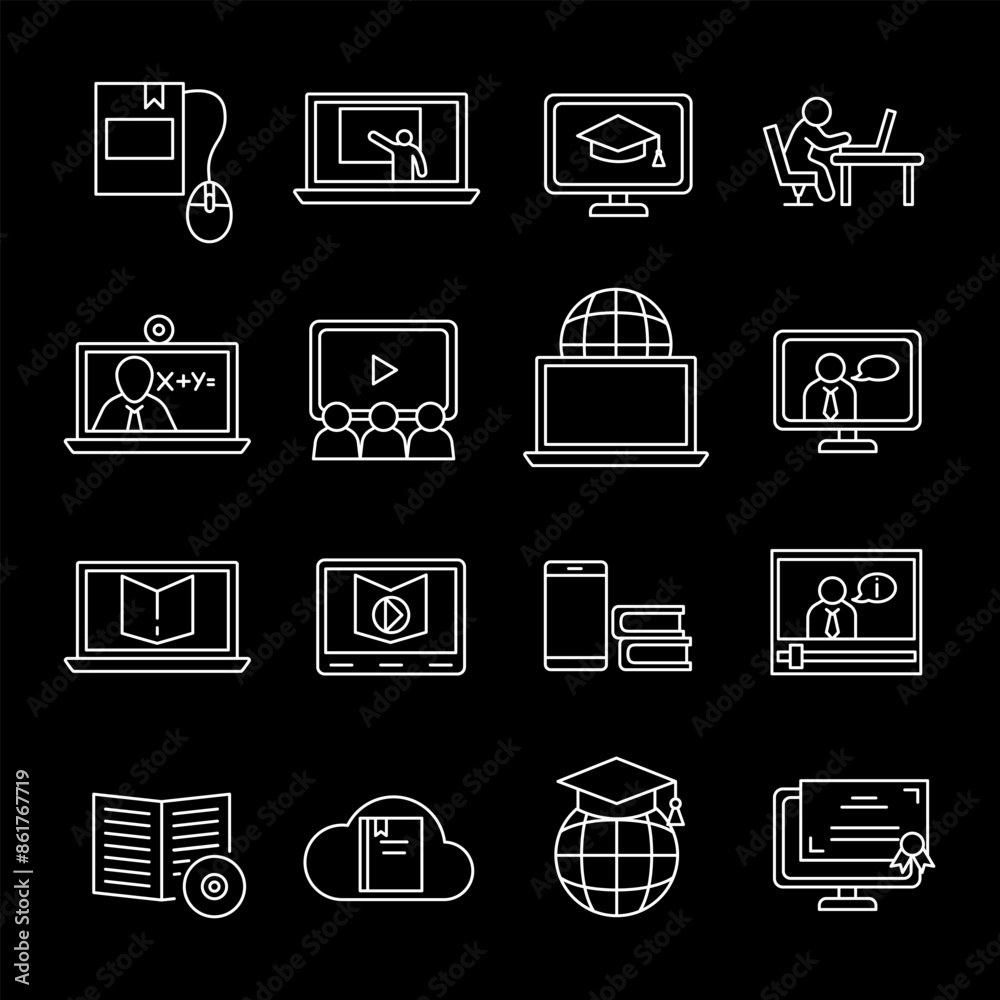 E-learning, white line icons. Symbols for online study and educational ...
