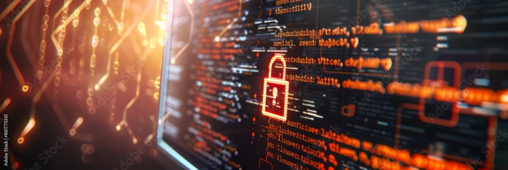 A close-up image of a desktop monitor displaying code with a padlock ...