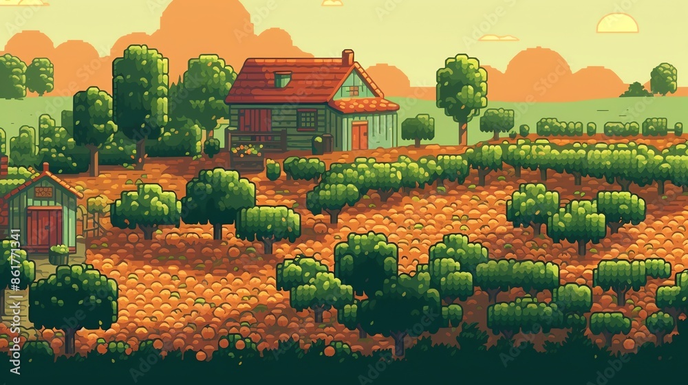 Pixel art landscape with a house, trees, and a field of flowers ...