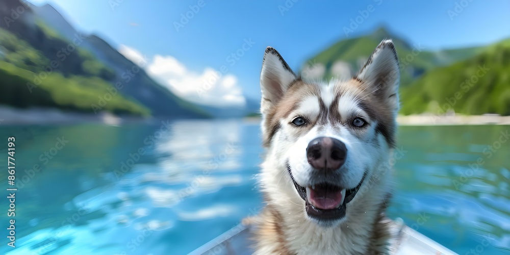 Siberian Husky enjoys scenic boat ride on a mountain lake. Concept ...