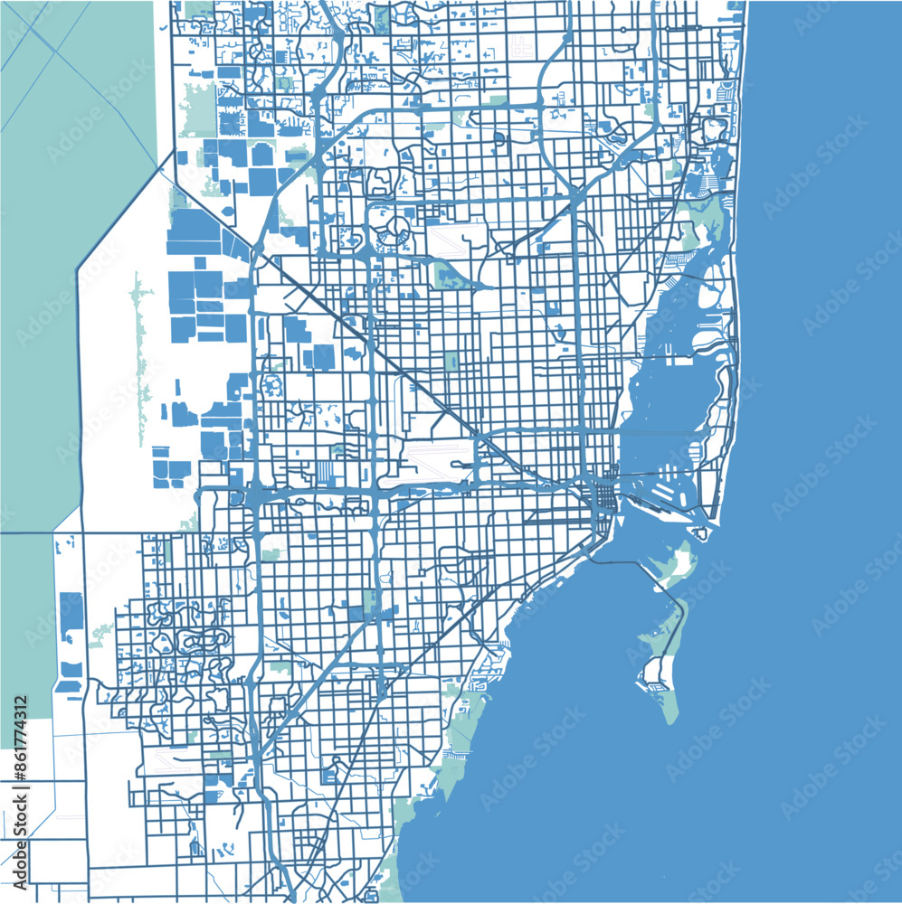 Layered vector map of Miami in Florida in a professional blue style ...