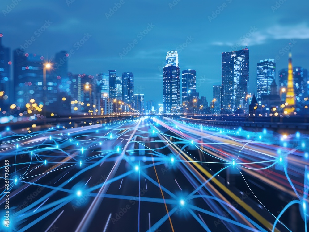 traffic in the city, Business graph waves and technology graph ...