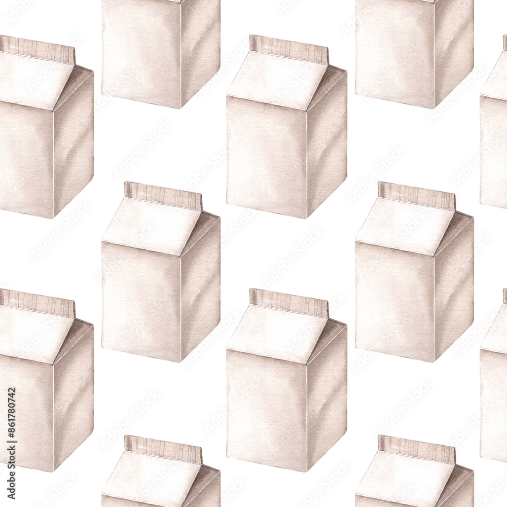 Box of milk. White paper packaging of juice. Watercolor illustration of ...