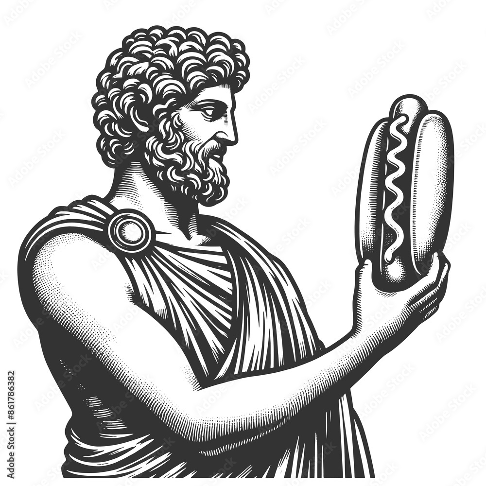 classical statue eating a hot dog, blending ancient art with modern ...