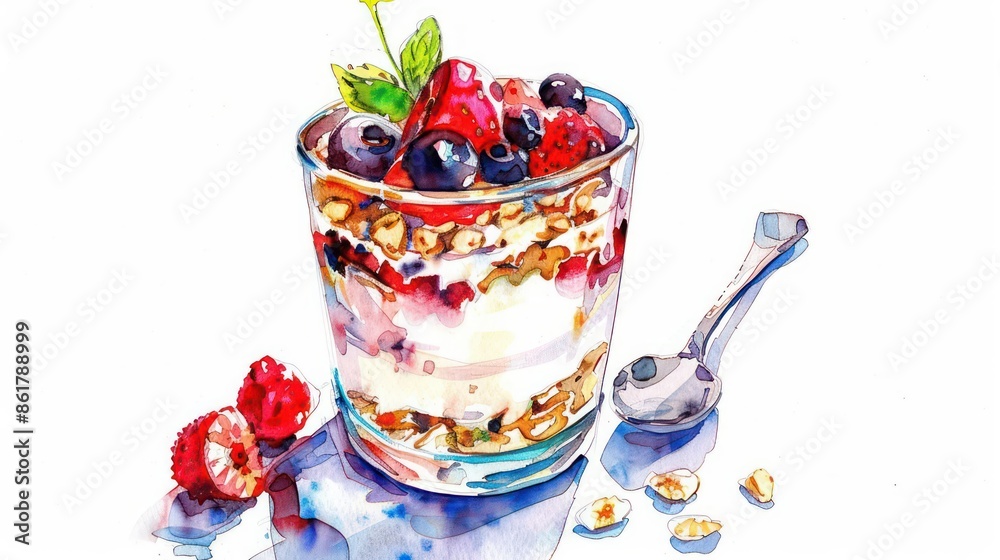 Watercolor clipart of a parfait with layers of yogurt, granola, and ...