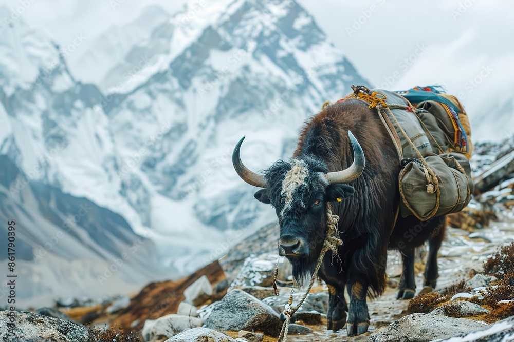 resilient yak trudging through rugged himalayan terrain laden with ...