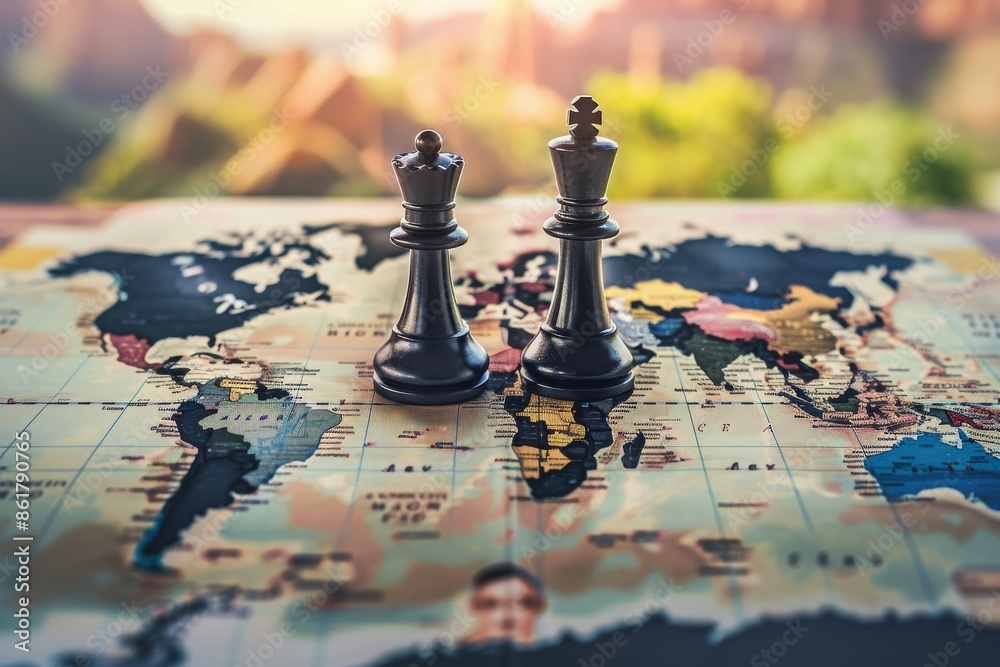 Geopolitics concept image with two chess pieces on a world map ...