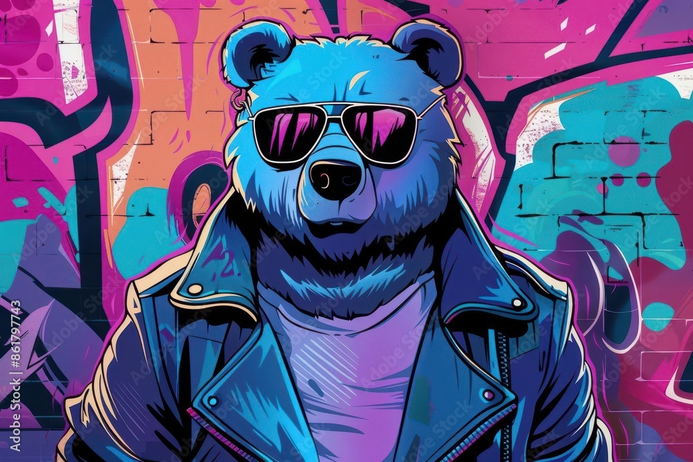 stylized illustration of a cool bear wearing sunglasses and a leather ...