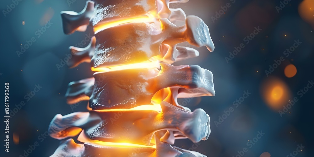 Side view medical illustration of human spine with bulging disc and ...