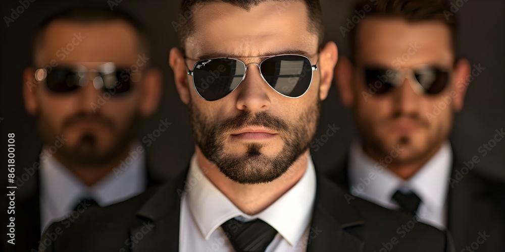 Three stern bodyguards in formal attire and sunglasses. Concept Formal ...