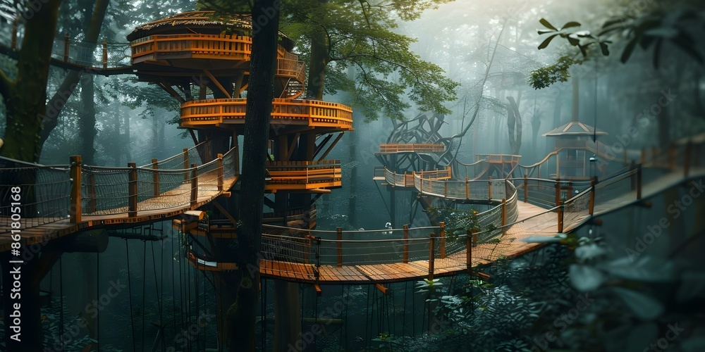 Playful treehouse with multiple platforms and rope bridges in dense ...