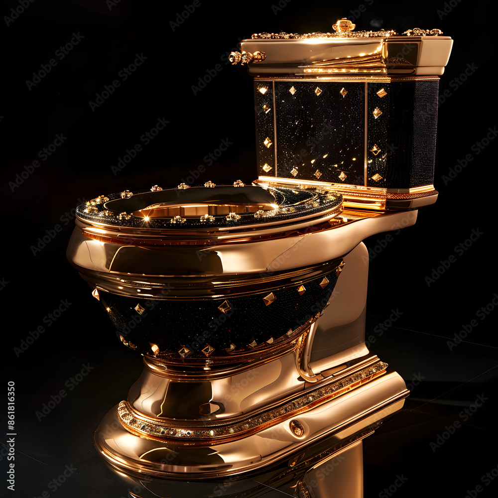 Close-up image of gold-plated toilet bowl against black background. Toilet is polished and shiny ...
