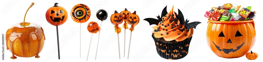 Collection of Halloween sweet candy cupcake lollipop, toffee apple ...