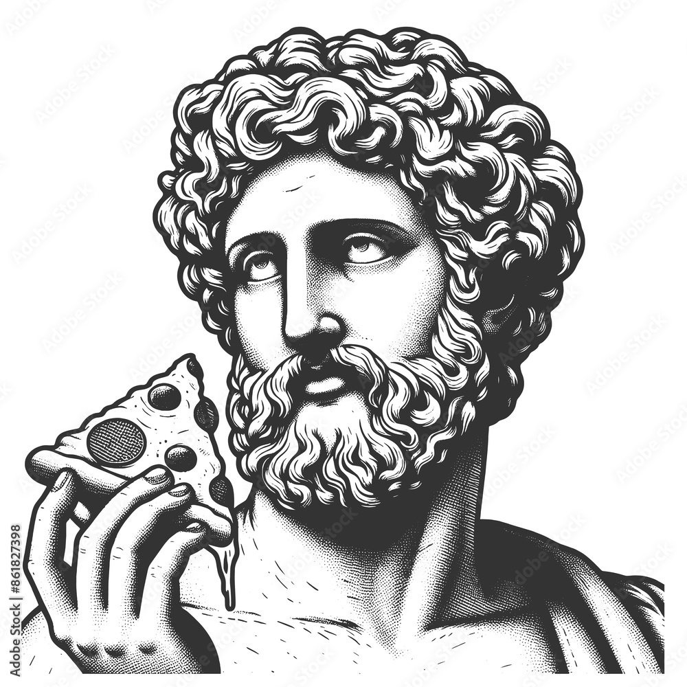 classical Roman Greek statue eating a slice of pizza, ancient art ...