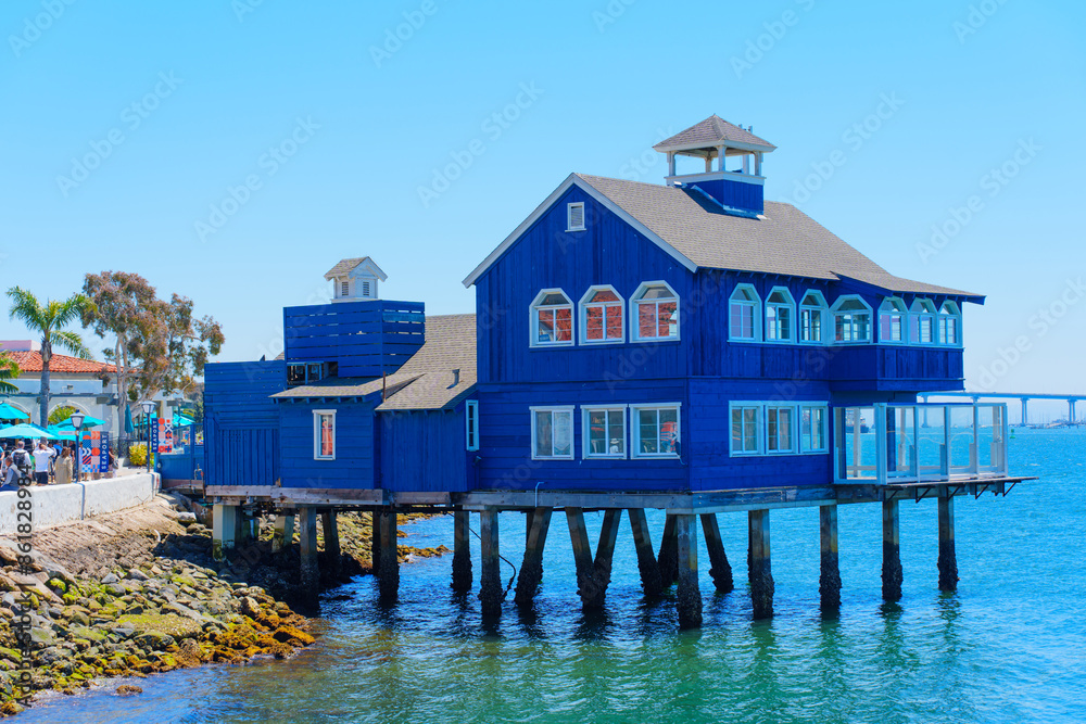 San Diego, California - April 16, 2024: Blue Waterfront House on Stilts ...