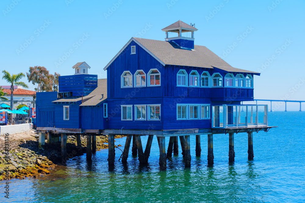 San Diego, California - April 16, 2024: Blue House on Stilts Cafe Over ...