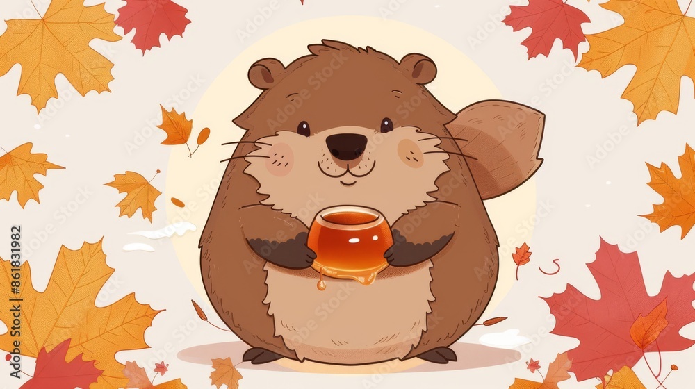 Lovable kawaii vector drawing of a beaver holding maple syrup, with ...