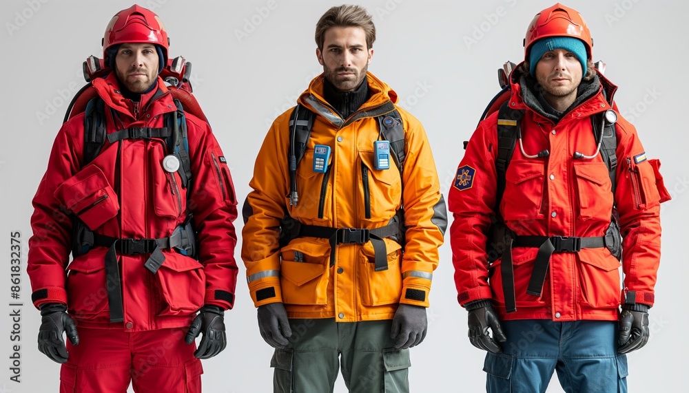 Three rescue workers wearing different uniforms and safety gear pose ...