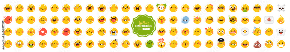 Yellow emoticons set. Emoji set. Vector illustration eps10. Funny faces ...