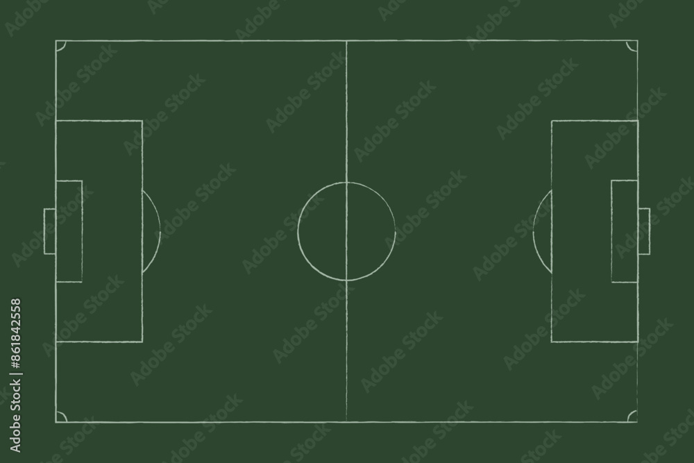 Soccer field plan with white line markings on dark green background ...