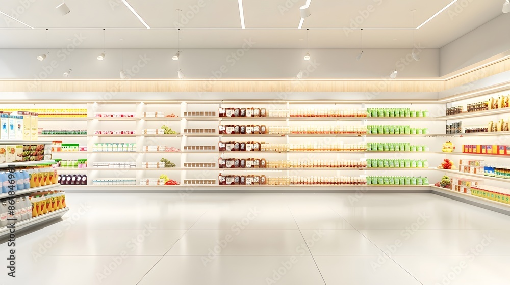Clean and bright supermarket aisle stocked with various products ...